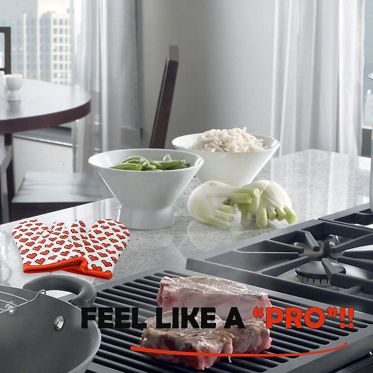 Heat Resistant Oven Mitts - Quilted Kitchen Gloves - Red Heart Design Pattern