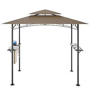 8 x 5 FT Grill Pergola Tent with Air Vent Double Tiered BBQ Gazebo Outdoor Barbecue Canopy, Khaki, Outdoor Double Roof Steel Frame Canopy Gazebo for Lawn, Garden, Backyard and Deck