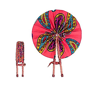 Ghana Handmade Colorful Ankara African Print Handheld Bolga Folding Fan With Leather Handles Handheld African Fabric Folding Fan (Multi 7)