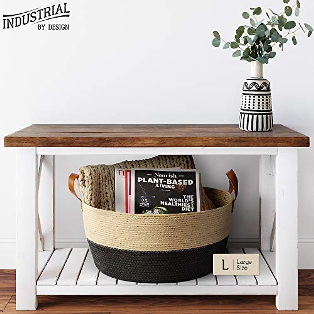 XL and Large Blanket Storage Baskets, 2pc Set – Luxury Palm Woven Basket with Durable Vegan Leather Handles – Decorative Basket for Living Room, Bedroom, Nursery, Blankets, Throws, Toys