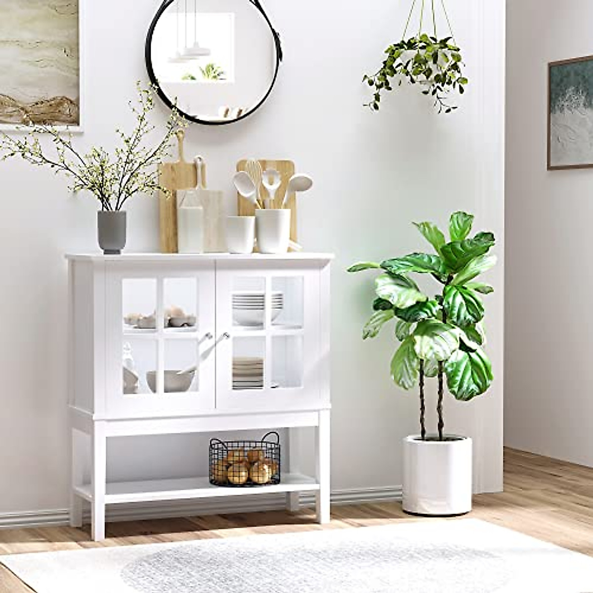 HOMCOM Coffee Bar Cabinet, Modern Sideboard Buffet Cabinet, Kitchen Cabinet with 2 Glass Doors, Adjustable Inner Shelving and Bottom Shelf, White