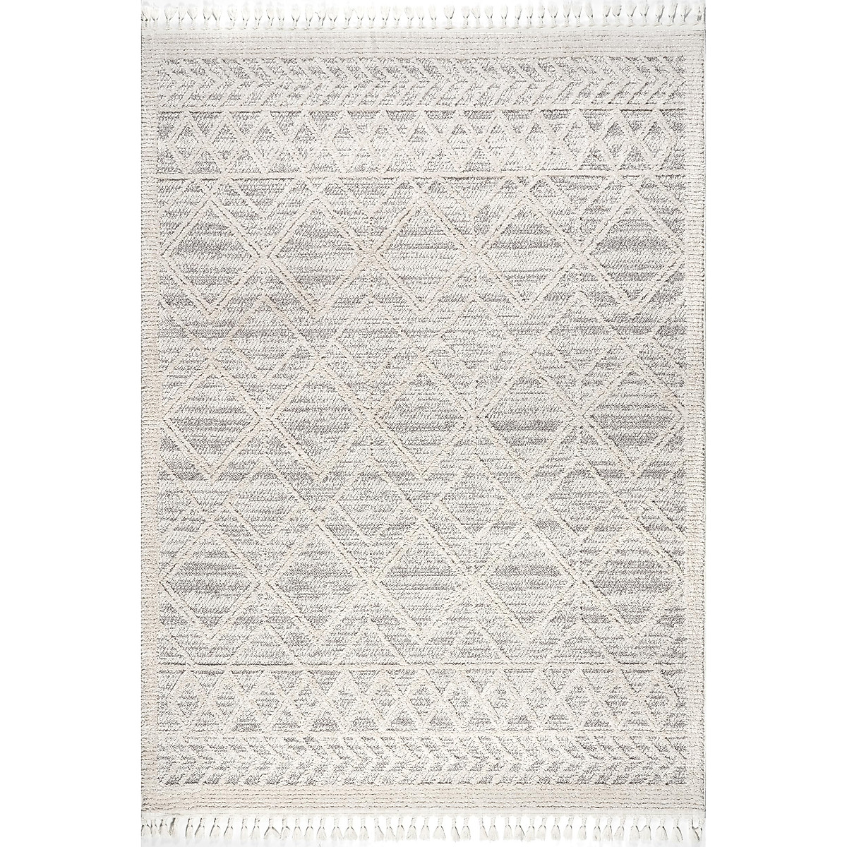 nuLOOM 9x12 Ansley Moroccan Tassel Area Rug, Light Grey, High-Low Textured Bohemian Design, Plush High Pile, Stain Resistant, For Bedroom, Living Room, Hallway, Entryway