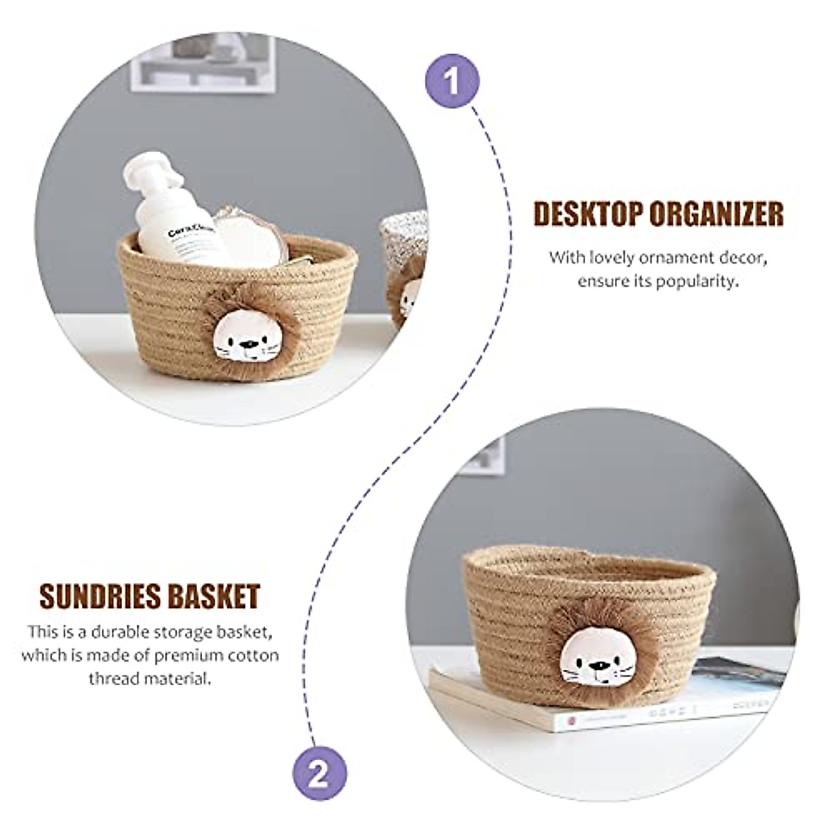 Cabilock Cotton Rope Storage Basket Woven Decorative Laundry Basket with Lion Sundries Hamper Storage Holder Nursery Bin for Bathroom Shelf Makeup Organization Khaki