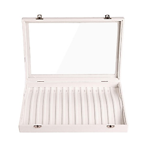 Frebeauty 15 Hooks Necklace Tray Velvet Neckalce Organizer with Clear Lid Lockable Necklace Holder Box Jewelry Organizer for Pendants Chains Necklace Jeweley Tray for Women Girls(Beige)