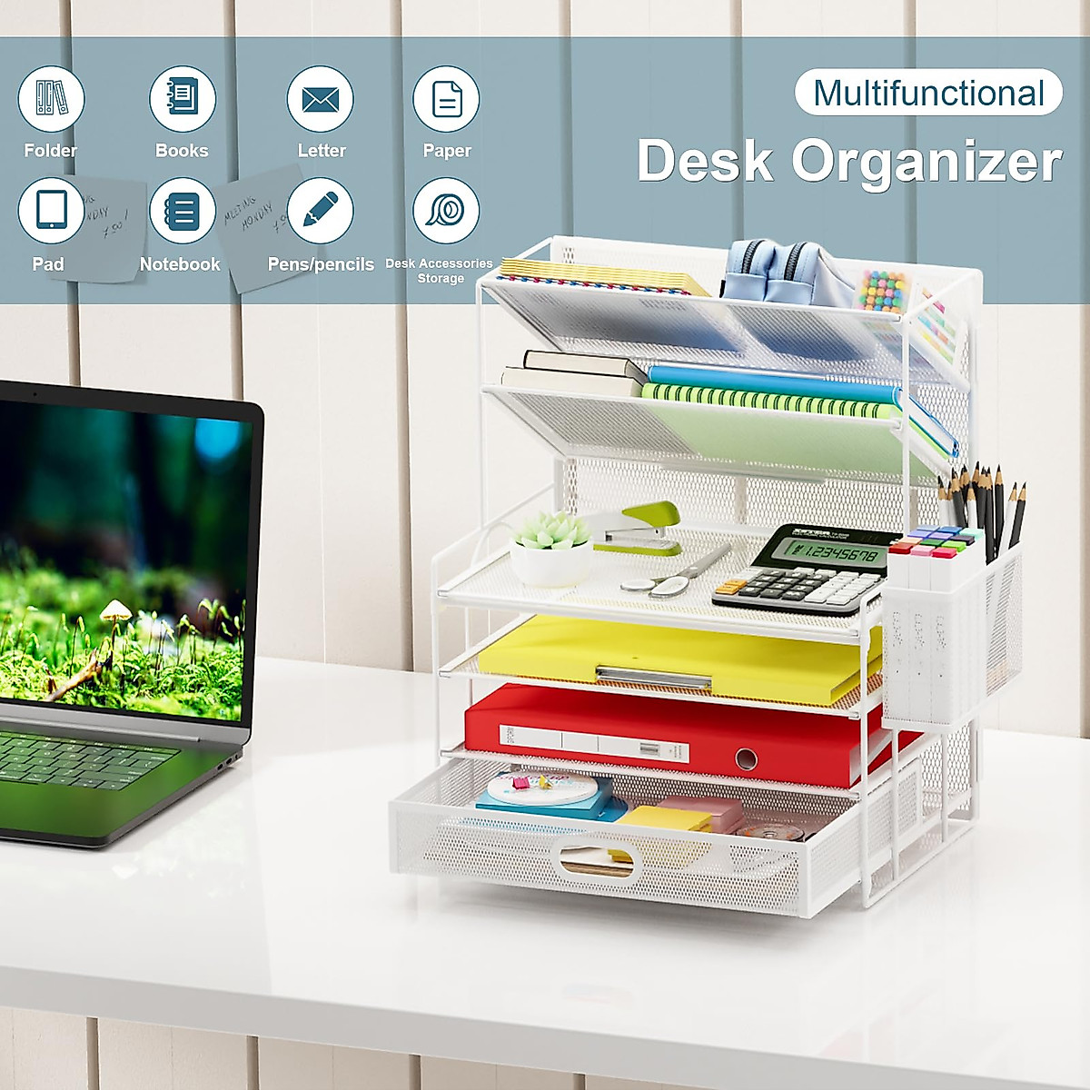 Marbrasse Desk Organizer with Drawer, 4-Tier File Organizer Paper Tray with 2 Pockets File Holder and Pen Holder, Mesh Desk Organizers and Accessories, Desktop Organizer for Home Office (White)