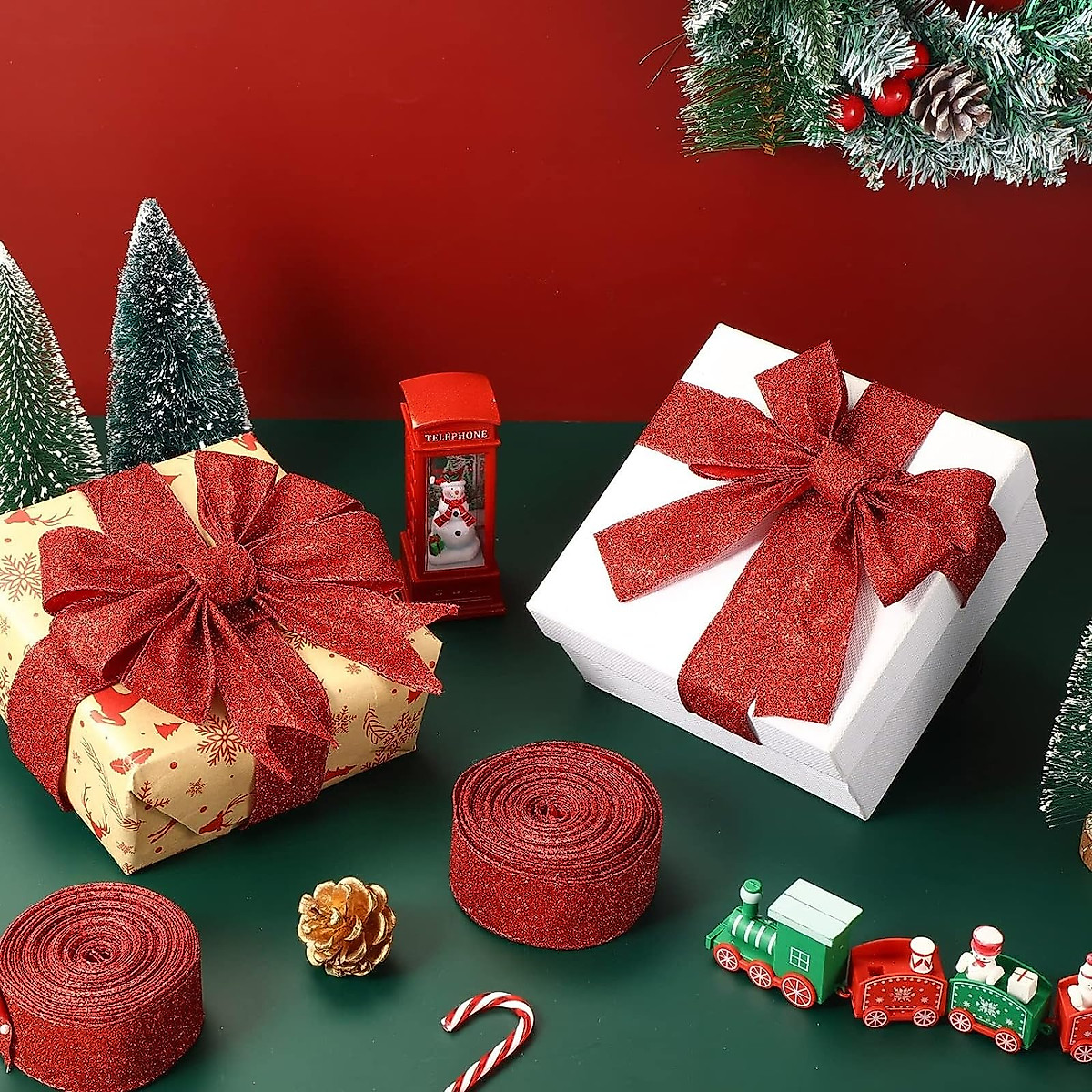 Christmas Ribbon Red Velvet 10 Yards Gold Wire Artificial Glitter Ribbons for Gift Wrapping DIY Hair Bowknot