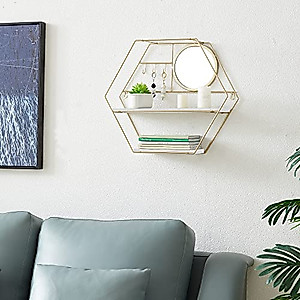 TFER Floating Shelves Wall Mounted Hexagon Wall Shelf Hanging Shelves for Wall Storage Rustic Wood Wall Shelves for Bedroom, Living Room, Bathroom, Kitchen, Office, with Mirror and Hooks (Gold)