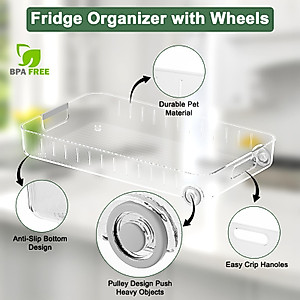 OZEPLASC Fridge Organizer with Wheels, 2 Pack Roll Out Refrigerator Drawer Organizer and Storage Clear Design with Dividers, Upgrade Thick Plastic Pantry Storage Bins, Kitchen Organization(Short)