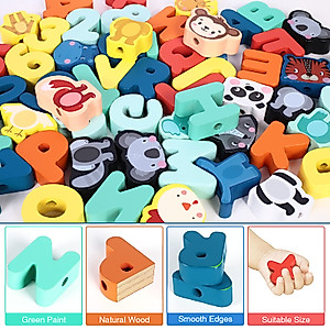 Atoylink 66 PCS Lacing Beads Montessori Toys for Toddlers with Lacing Board Wooden Primary String Threading Beads Animal Letters Numbers Lacing Toy Preschool Educational Toy for 3 4 5 6 7 8 Years Old