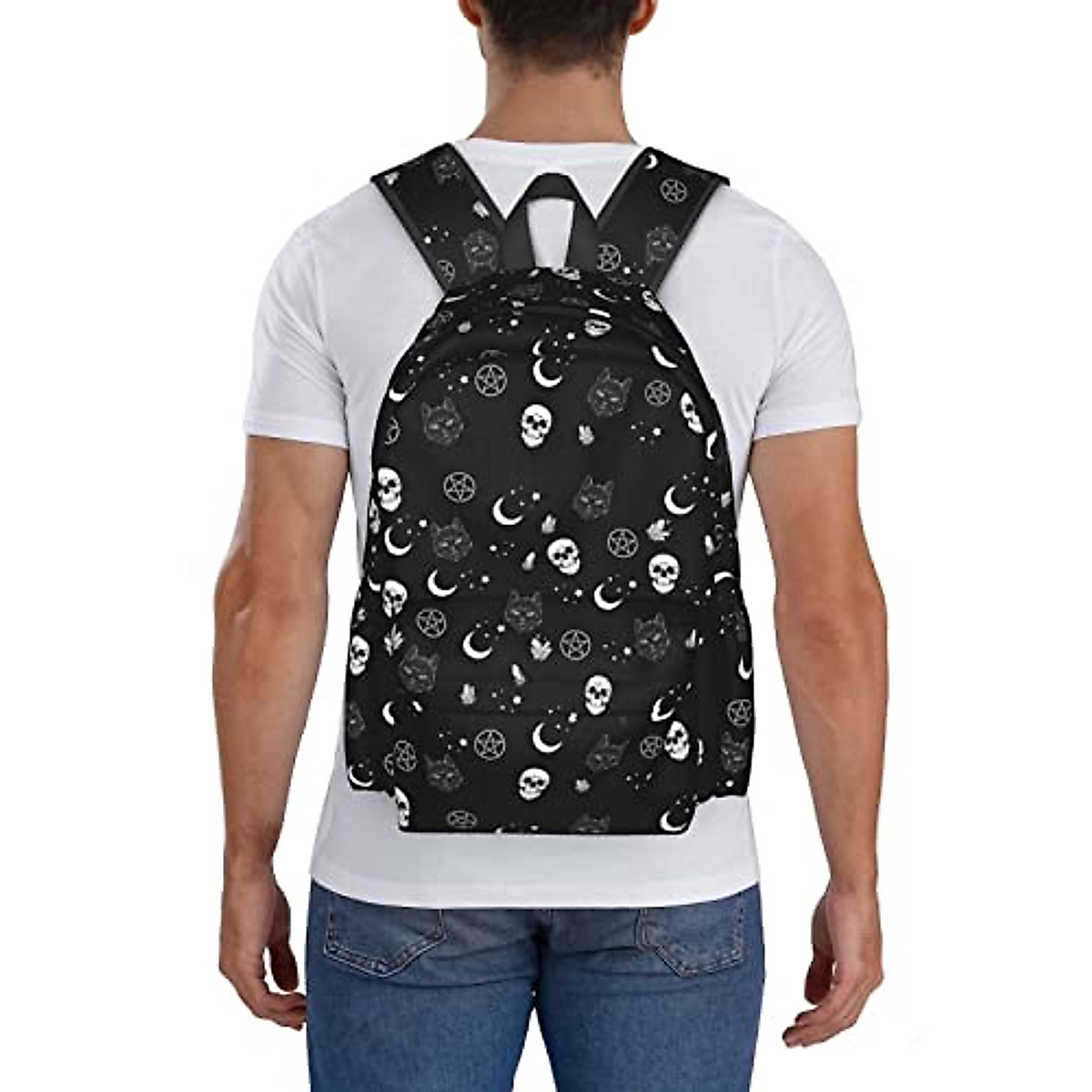Black Gothic Skull Moon Cat Backpack Casual Sports Bookbag Unisex Travel Laptop Backpacks