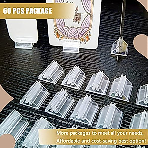 Table Number Place Card Playing Card Holders 60 Pack, Clear Acrylic Business Card Holder Stand for Display Paper Game Piece Pictures Clip Price Board Photos Memos Menus Labels Stand Party, 0.75in
