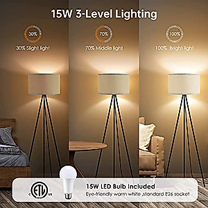BoostArea Floor Lamp for Living Room, Tripod Floor Lamp, 15W LED Bulb, 3 Levels Dimmable Brightness, Gray Linen Lamp Shade, Mid Century Standing Lamp for Living Room, Bedroom, Study Room and Office