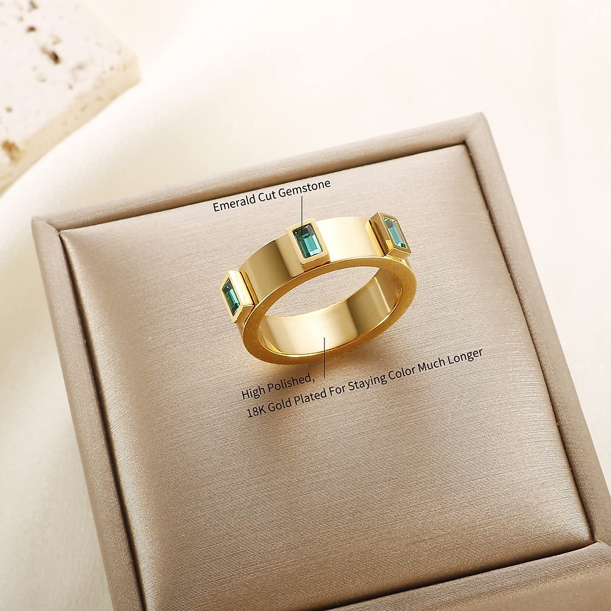 JINHUI Green Emerald Ring for Women, 18k Gold Plated Delicate Emerald Cut Ring, Dainty Birthstone Ring Jewelry Gift (Size 8).