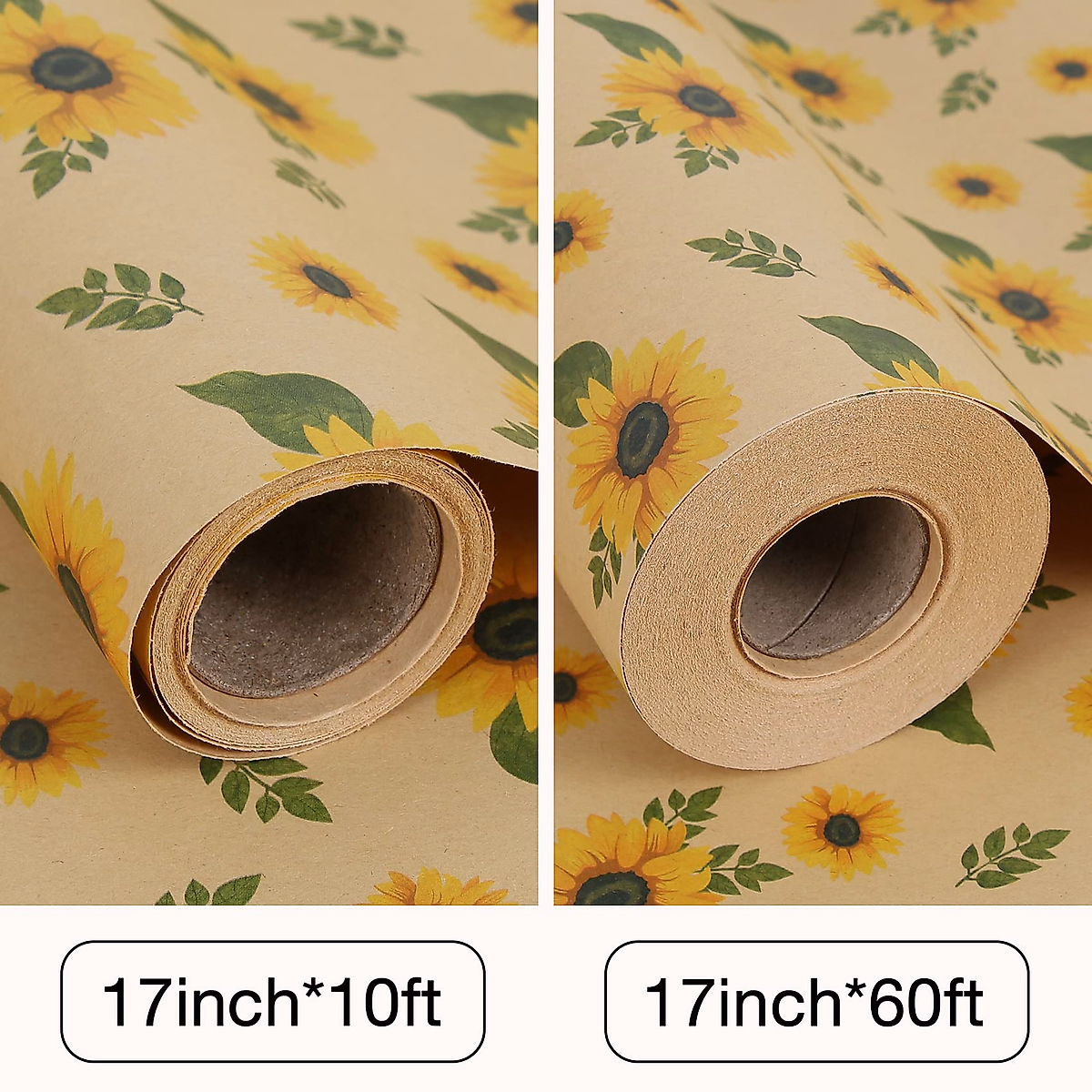 Aimyoo Kraft Floral Wrapping Paper Jumbo Roll, All Occasion Sunflower Flower Gift Wrap Paper for Wedding Bridal Shower Birthday, 17 in x 60 ft