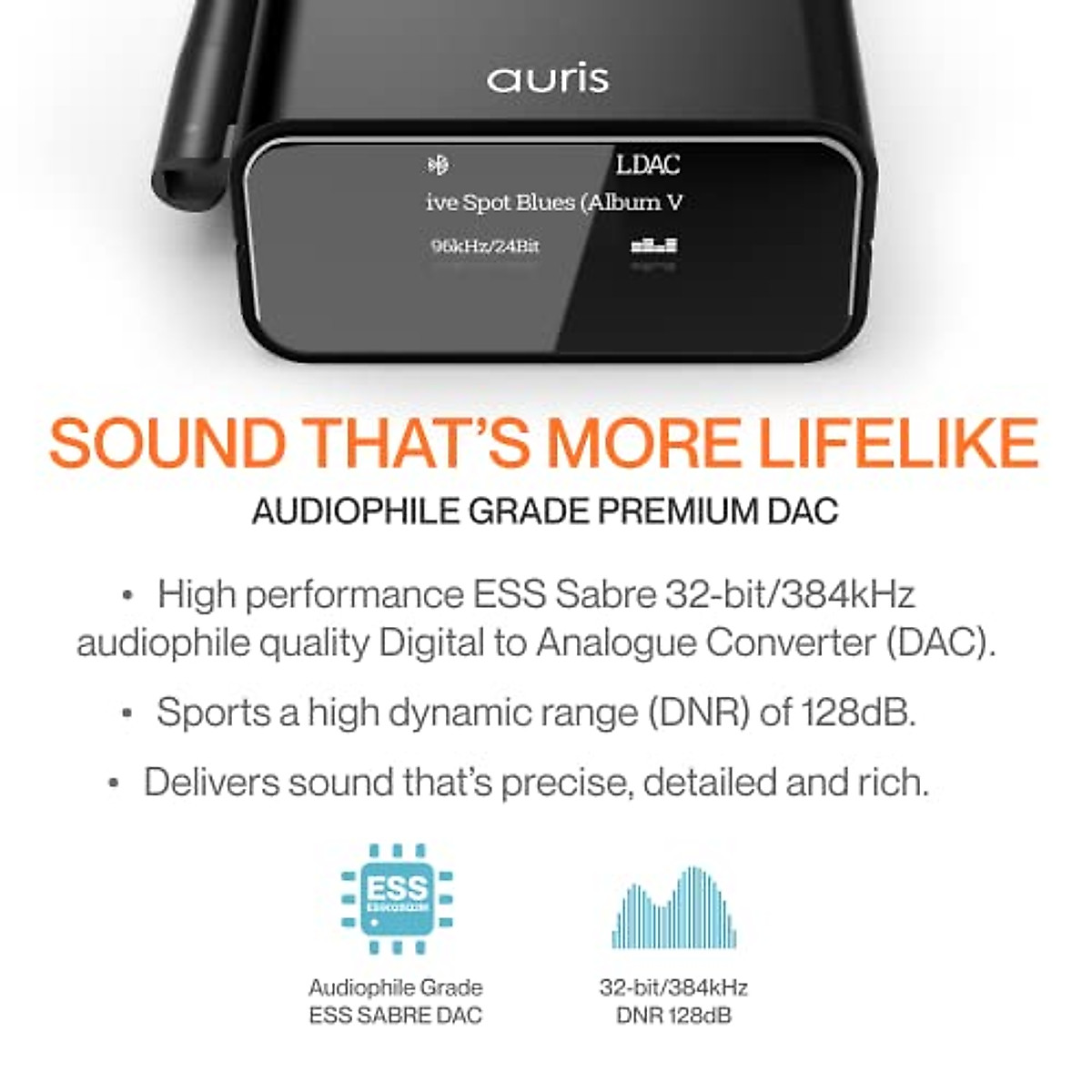 Auris Blume Pro HiFi Bluetooth 5.0 Music Receiver Long Range Bluetooth Adapter with Audiophile DAC, LDAC, aptX HD, OLED Display & Optical Coaxial AUX Output for Home Stereo, AV Receiver or Amplifier