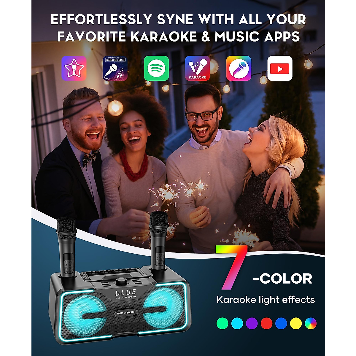 BIGASUO Karaoke Machine for Adults Kids with 2 UHF Wireless Microphones, Portable Bluetooth Singing PA Speaker System with LED Lights for Home Party, Wedding, Church, Picnic, Outdoor/Indoor