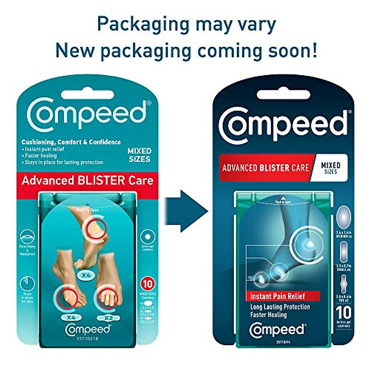 Compeed Advanced Blister Care 10 Count Mixed Sizes Pads (2 Packs), Hydrocolloid Bandages, Heel Patches, Blister on Foot, Blister Prevention & Treatment, Waterproof Cushions, Packaging May Vary