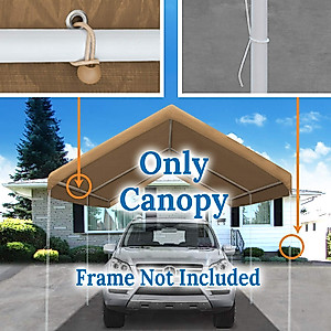 BenefitUSA Canopy ONLY 10'x20' Carport Replacement Canopy Outdoor Tent Garage Top Tarp Shelter Cover w Ball Bungees (Tan)