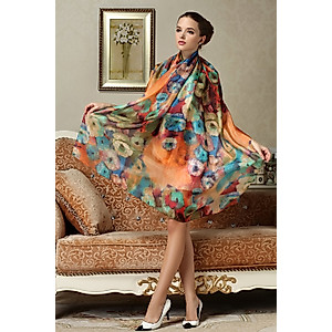 YupURStyle Women Fashion Silk Scarf Oblong Floral Oversize Soft Shawl Beach Wrap (Orange)