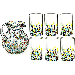 Hand Blown Mexican Drinking Glasses and Pitcher – Set of 6 with Mexican Confetti Design (14 oz each) and Pitcher (84 Ounces) by The Wine Savant (Confetti)