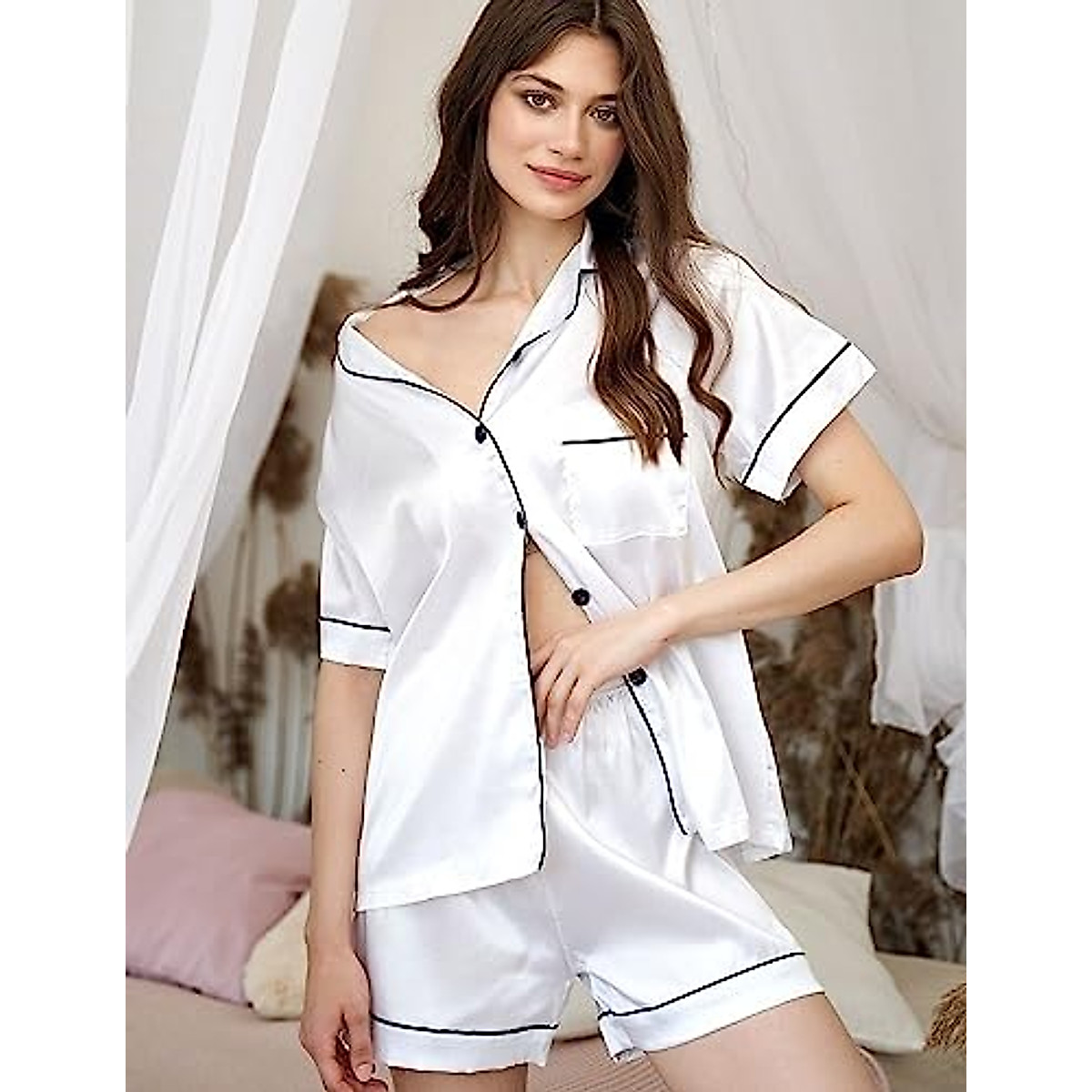 Slieptite Womens Silk Satin Pajamas Short Sleeve Loungewear Two-Piece Sleepwear Button-Down Pj Set White