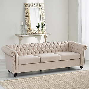 KEIKI 84" Sofa Couch 3-Seater with Button-Tufted Fabric,Mid Century Modern Design Chesterfield Style, Beige