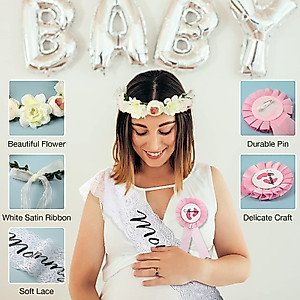 4 Pieces Baby Shower Kits Include Baby Shower Sash, Mommy Daddy Badge Button Pin Kits and Flower Crown for Baby Shower Decoration Gender Reveal Baby Sprinkle Welcome Baby