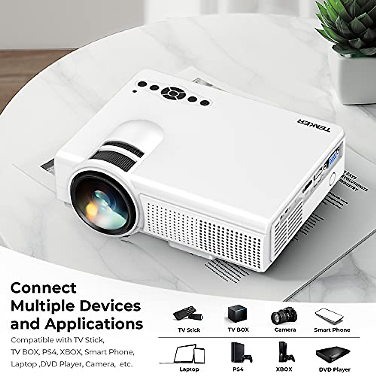 TENKER Native 1080P Projector, 7500L High Brightness Full HD Outdoor Movie Projector, 200" Giant Screen LCD Video Projector, Portable Mini Projector for Cartoon, Compatible w/Laptop/PC/DVD/TV
