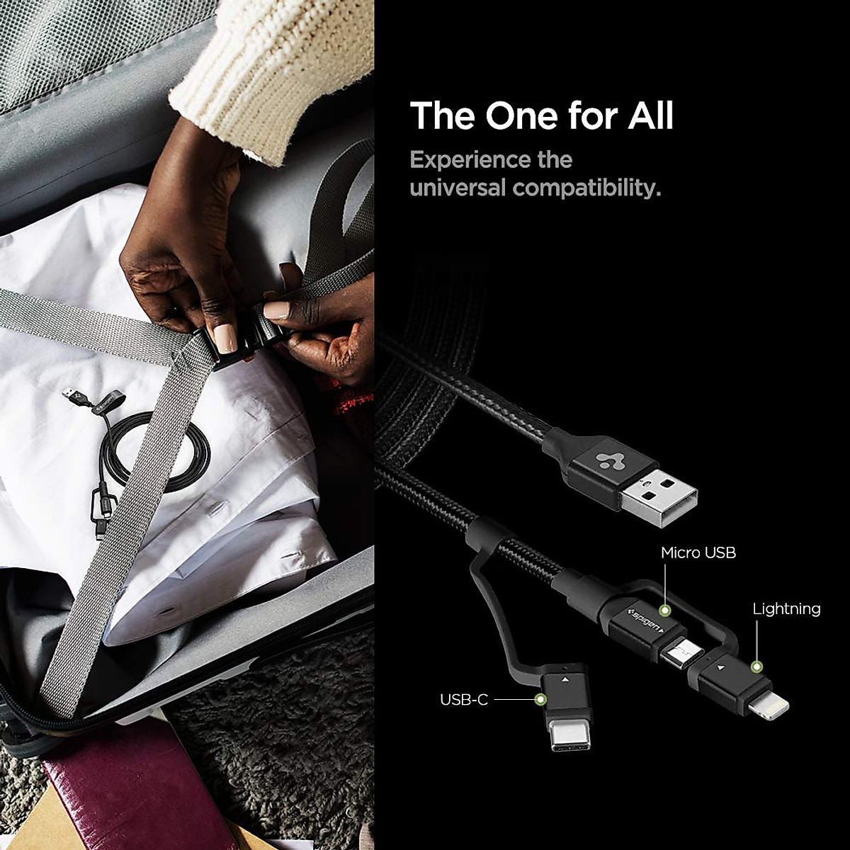 Spigen DuraSync 3 in 1 Universal Charger Cable, Micro USB/Lightning/USB C adapters [MFi Certified], 4.9ft Premium Braided Multi Charging Cable for iPhone 12/Pro/Max/Mini/SE/iPad/Galaxy/Pixel & More