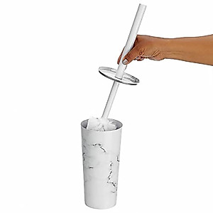 mDesign Metal Freestanding Slim Toilet Bowl Brush and Holder + Rectangle Narrow 5 Liter / 1.3 Gallon Step Pedal Trash Can Wastebasket for Bathroom - Small, Compact Design - Set of 2 - White Marble