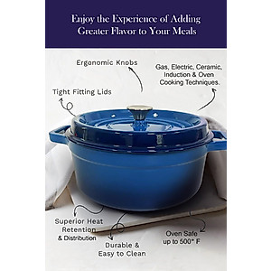 SPROS 6.4-Quart Enameled Cast Iron Dutch Pot with Lid and Dual Handles, Gas, Electric Safe; ceramic, induction and oven-safe up to 500°F - Blue