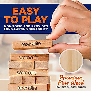 Serene Life 56 PCS Giant Tumble Tower Game - Non-Toxic Pine Wooden Stacking Timber Blocks Set with Zippered Carrying Bag, Book Scoreboard - Classic Jumbo Wood Block Outdoor Game for Kids and Adults