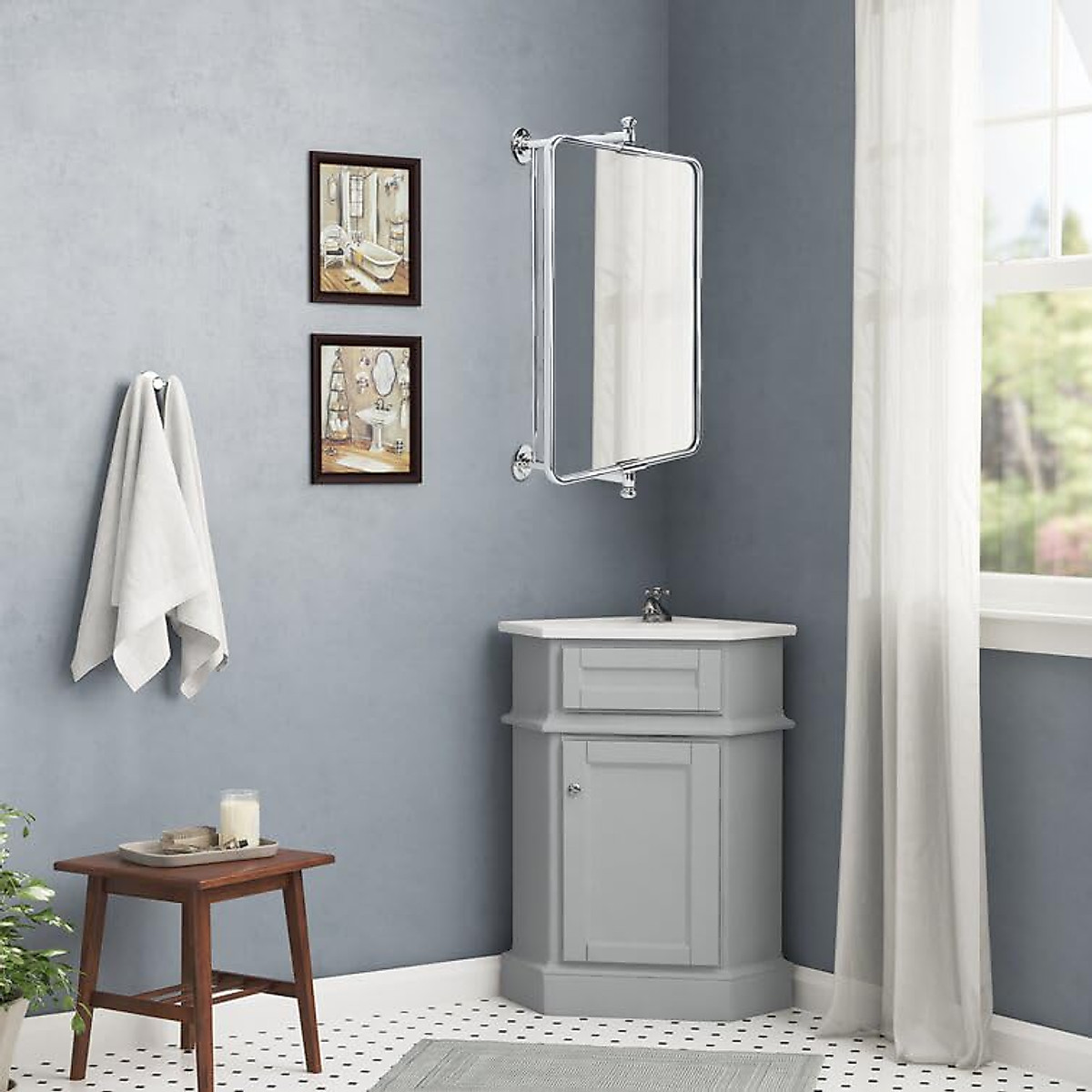 TEHOME Black Rounded Rectangle Pivot-N-View Bathroom Vanity Mirror Rotating Tilting Mirror for Corner Vanity, 14x22''