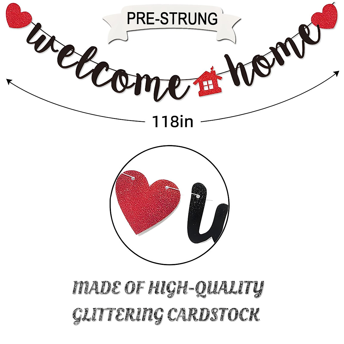 Pre-Strung Welcome Home Banner, Black Glitter Welcome Home Banner - Pre-Strung on 8 ft Strand - Housewarming, Homecoming, & Military Return Party Decorations & Decor(Black Welcome Home)