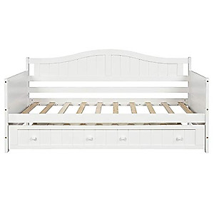 Twin Size Daybed Sofa Beds and Trundle Daybed,Simplicity Twin Platform Bed,Solid Wood Slat Support,Dual-use Sturdy Sofa Bed,No Box Spring Needed,for Living Room,Guest Room,Children Room (White)