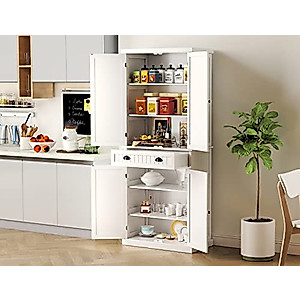 Yusong 72'' Tall Kitchen Pantry Cabinet, Farmhouse Storage Cabinet with 4 Doors, Drawer and Adjustable Shelf, Freestanding Wooden Cupboard Buffet for Home Dining Room Living Room Entryway, White