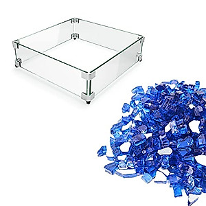 GASPRO 2 Pieces Fire Pit Accessories - 17.5" Square Fire Pit Glass Wind Guard and 20LB Reflective Cobalt Blue Fire Glass
