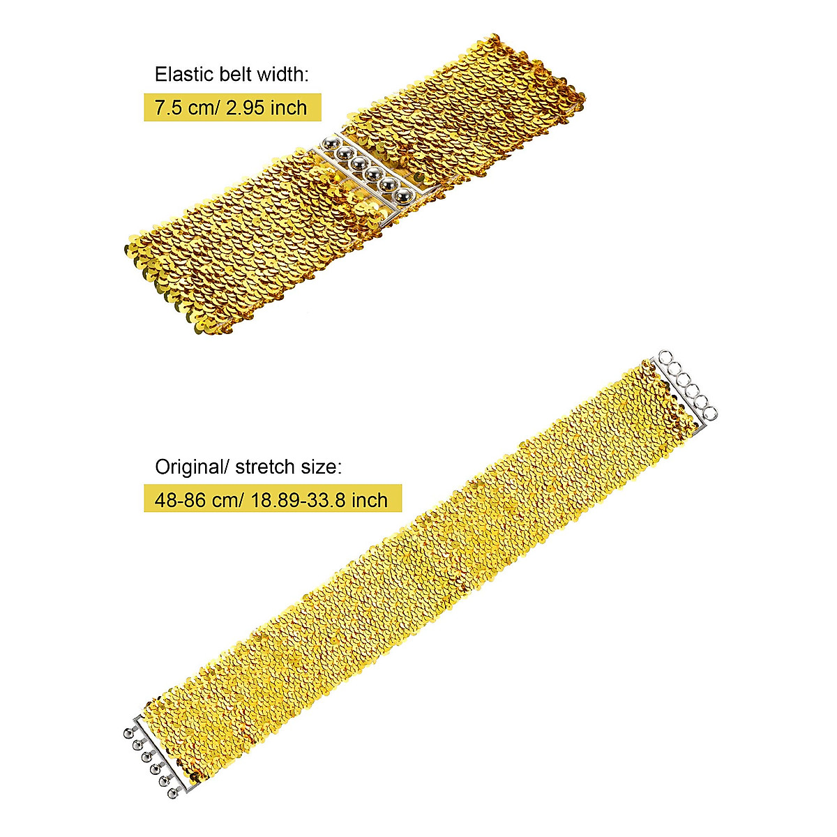 3 Pieces Sequin Belt for 70s 80s Costume Party, Disco Party Costume Wide Waist Elastic Cinch Belt Cheerleader Stretchy Belt for Women Girl Metal Buckle Glitter (Gold Silver Black)