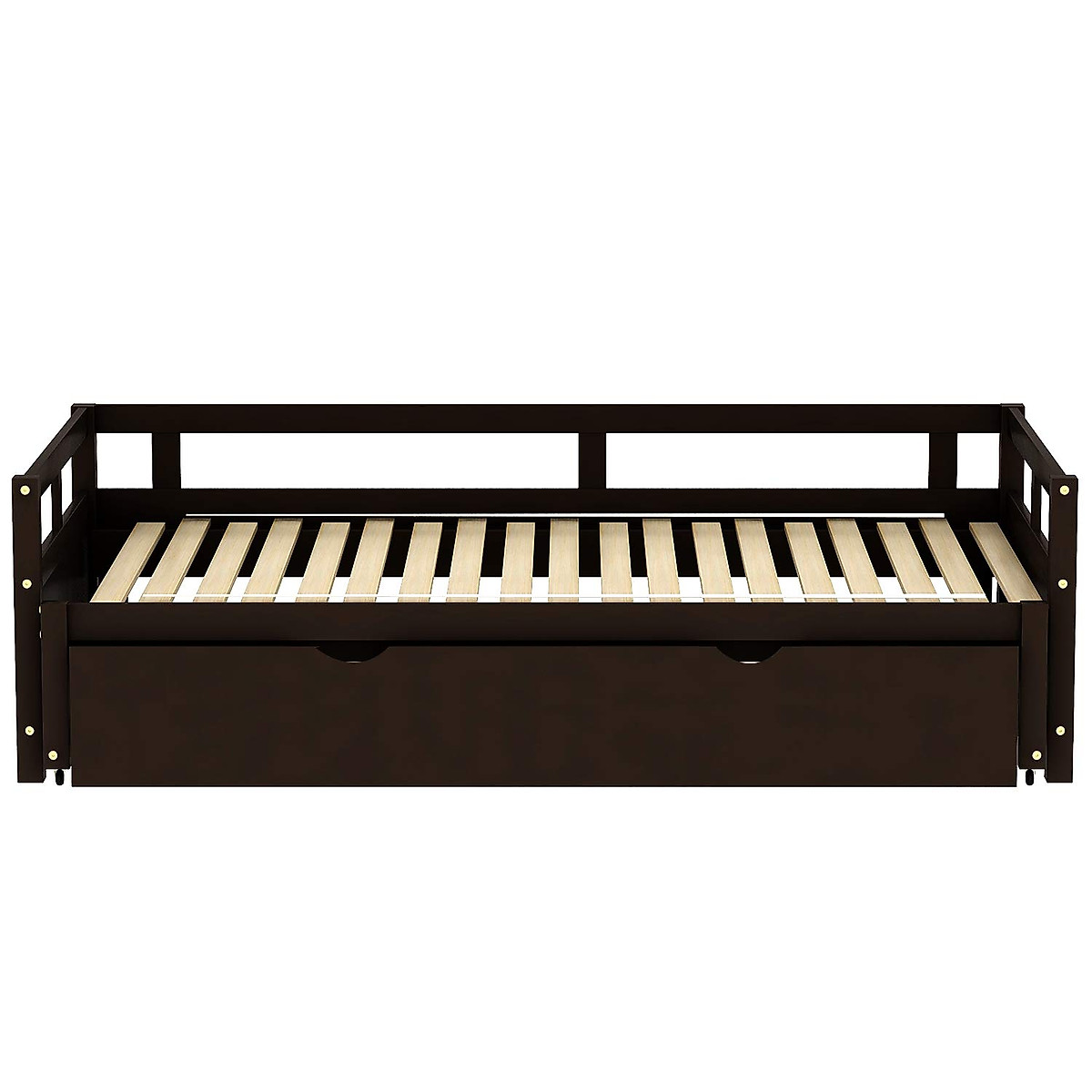 Wood Daybed with Roll Out Trundle Bed for Kids Teens Adult Extending Sofa Bed Frame with Wooden Slats Support for Small Space, Convertible Twin To King Size Design, No Box Spring Needed (Espresso)