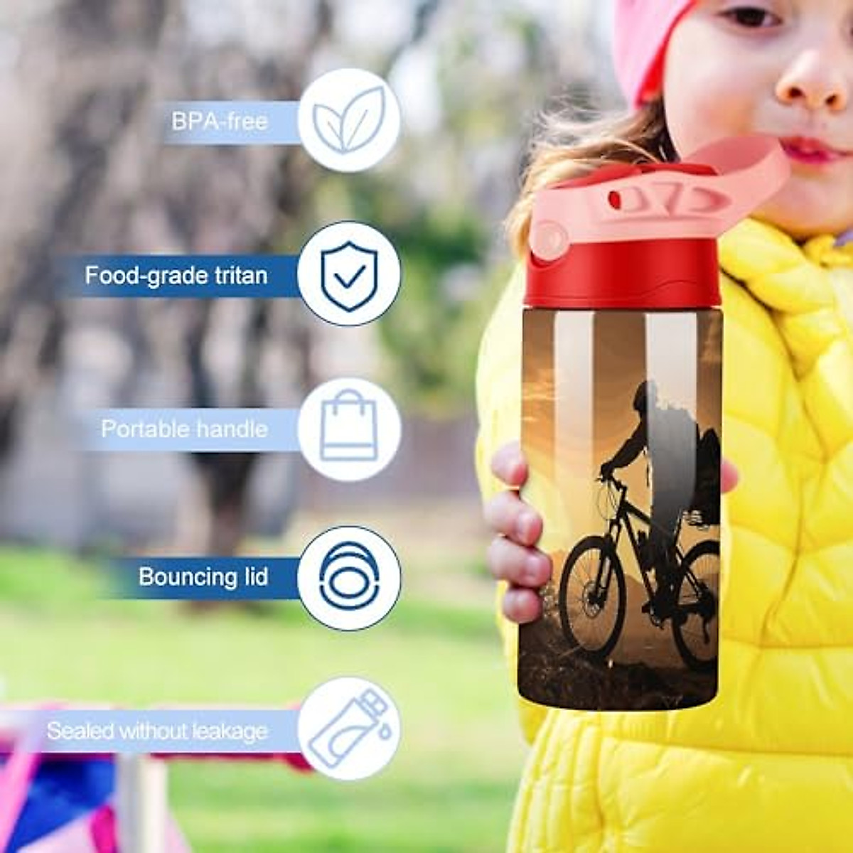 Stainless Steel Water Bottles Mountain Bike in The Evening Travel Water Cups with Handle And Silicone Straw Drinking Cup with Leak Proof Lid Thermo Travel Mug for Women Men