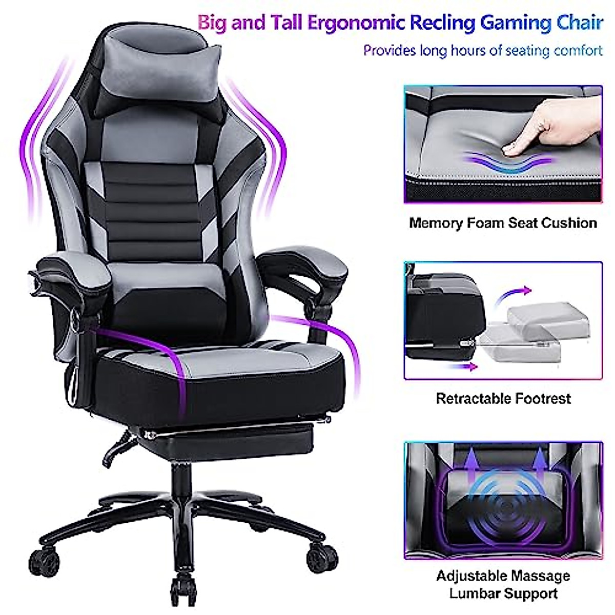 Fantasylab Big and Tall Gaming Chair 400lb Gaming Chair with Footrest Massage Gaming Chair Memory Foam Adjustable Tilt Back Angle and Arm High