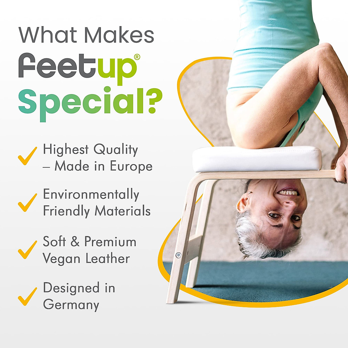 FeetUp - The Original Yoga Headstand Bench, Vegan Handstand Trainer Bench and Stand, Strength Training Inversion Equipment for Relaxation & Strength, Includes App & Starter Kit, Classic, White