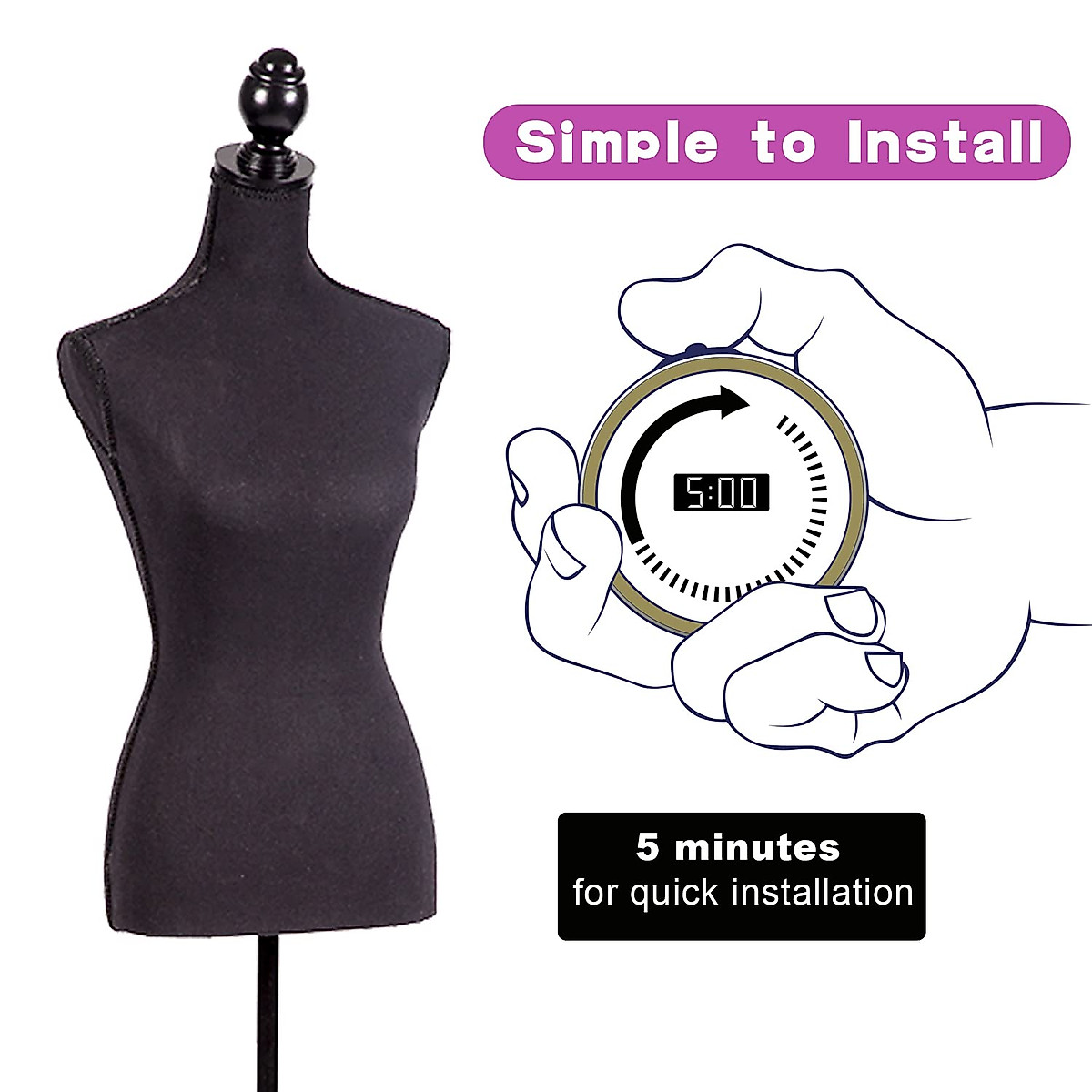 Female Mannequin Female Dress Form Manikin Body Torso with Wooden Tripod Base Stand 60-67 Inch Height Adjustable Pinnable Mannequin for Sewing Dress Jewelry Display, Black