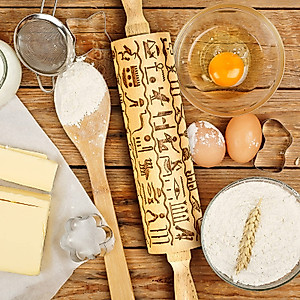 Rolling Pins for Baking Egypt Hieroglyphs Engraved Embossing Rolling Pin 15 Inches Embossed Rolling Pin Kitchen Tools for Egyptian Theme Baking Embossed Cookies for Women Mom Birthday Gift