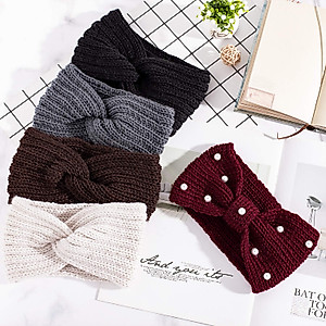 Whaline 5 Pieces Winter Knit Headbands Chunky Knit Headbands,4 Elastic Turban Head Wraps and 1 Pearl Crochet Hair Band, Ear Warmer Crochet Head Wraps for Women Girls (Autumn&Winter Colors)