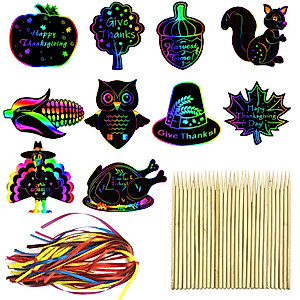 Aviski 80PCS Thanksgiving Rainbow Scratch Art, Fall Paper Crafts for Kids, Thanksgiving Day Pumpkin Maple Turkey Hanging Ornament Decorations, Art Craft Supplies for Home Tree Classroom Decor