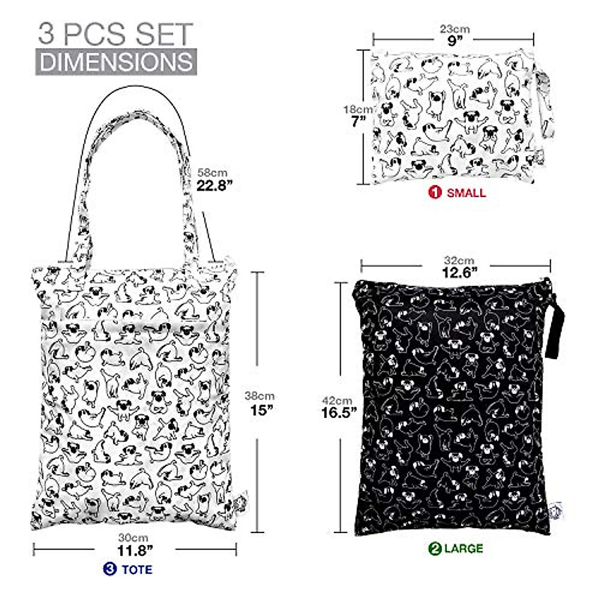 FLOCK THREE 3pcs Waterproof Wet Bag Tote Reusable Wet Clothes Baby Diapers Stroller Swimsuit Travel Reusable toiletries Pouch Small Larger Electronics case 3 Pack Dog (Yoga Dog)
