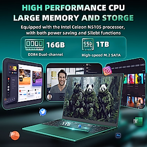 Versatile 16" Green Laptop, Win 11 Pro/Office 2019, Celeron N5105, 16GB RAM, 1TB SSD, FHD IPS Display, Backlit KB, Fingerprint Unlock, USB 3.0, HDMI, Perfect for Work, Play, and Creative Ventures!
