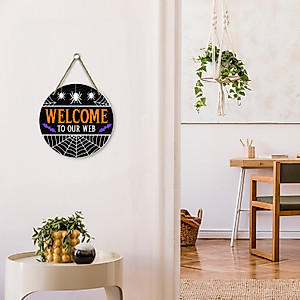 Halloween Hanging Door Wall Decor Wooden Plaque, Welcome To Our Web Sign, Spider Web Pattern, 8 Inch Round Halloween House Decor Hanging Sign, Outdoor Halloween Theme Party Decor Supplies -04