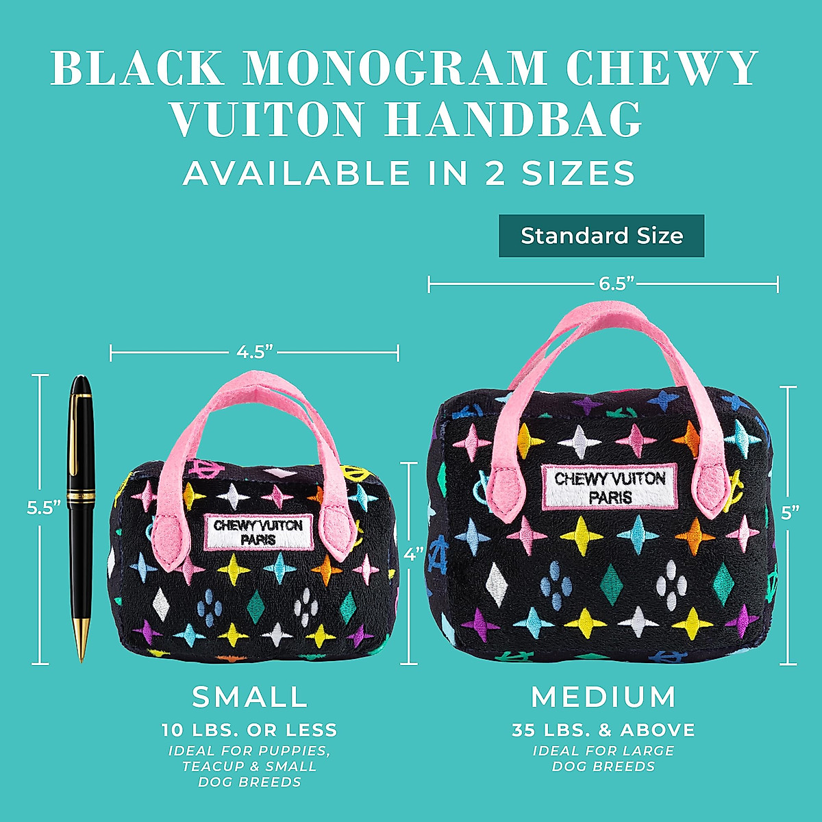 Haute Diggity Dog Black Monogram Chewy Vuiton Handbag, Plush Designer Dog Toys with Interactive Squeaker, Stimulating Pet Enrichment, Machine-Washable & Safe Materials for All Breeds, Size Small